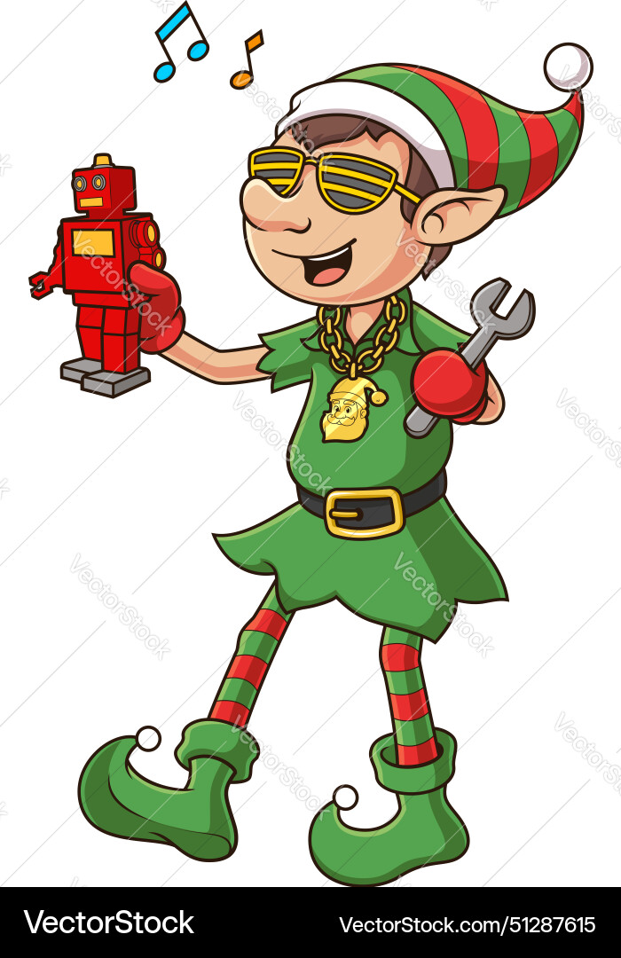 Cool christmas elf holding toy robot Royalty Free Vector