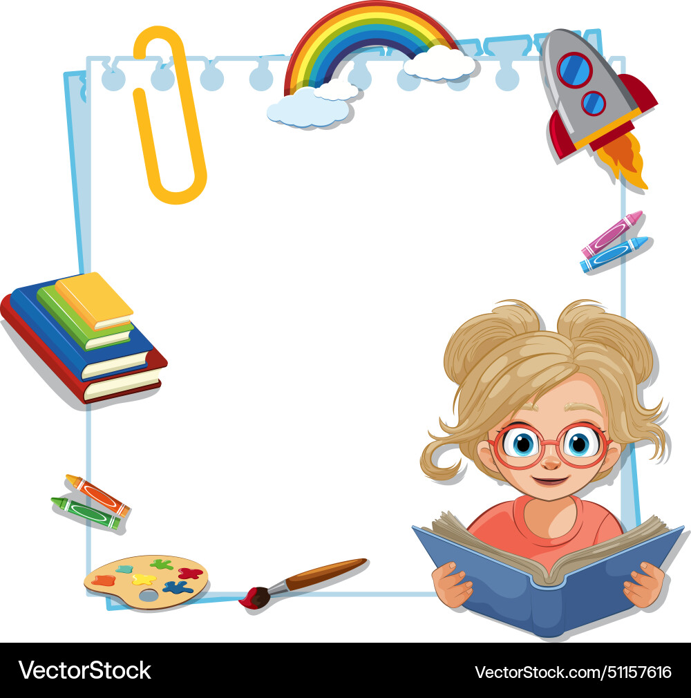 Cartoon girl reading surrounded by imaginative Vector Image