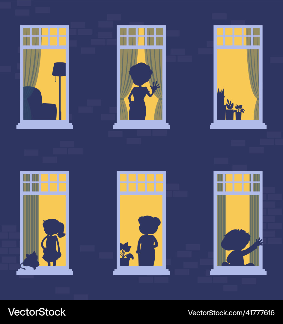 Night windows building with people silhouettes Vector Image