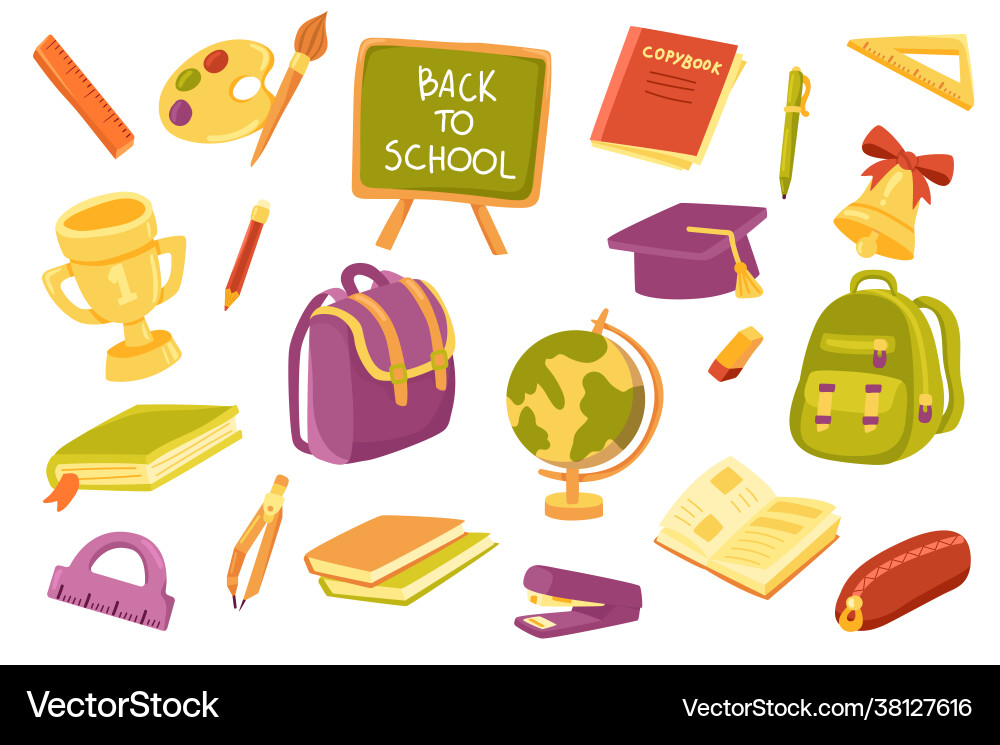 School supply cute stickers isolated set Vector Image