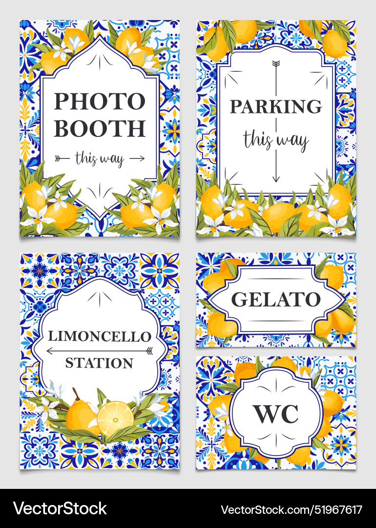 Blue tiles and lemon wedding signposts Royalty Free Vector
