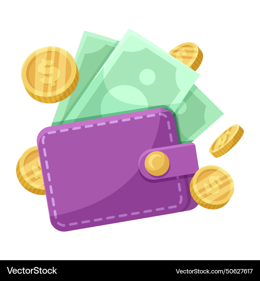 Cartoon violet wallet with dollar banknotes Vector Image