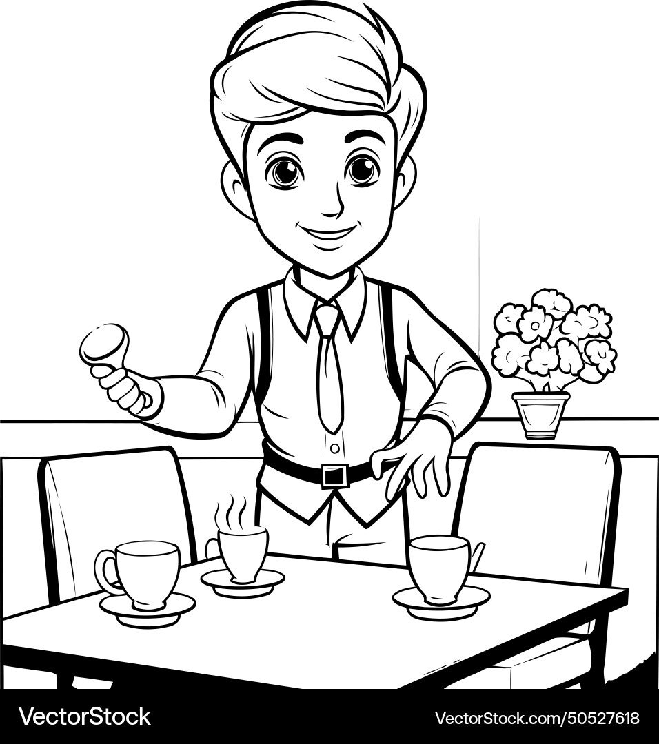 Man having breakfast in cafe cartoon for coloring Vector Image