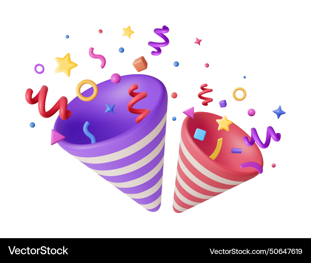 3d party popper with confetti Royalty Free Vector Image