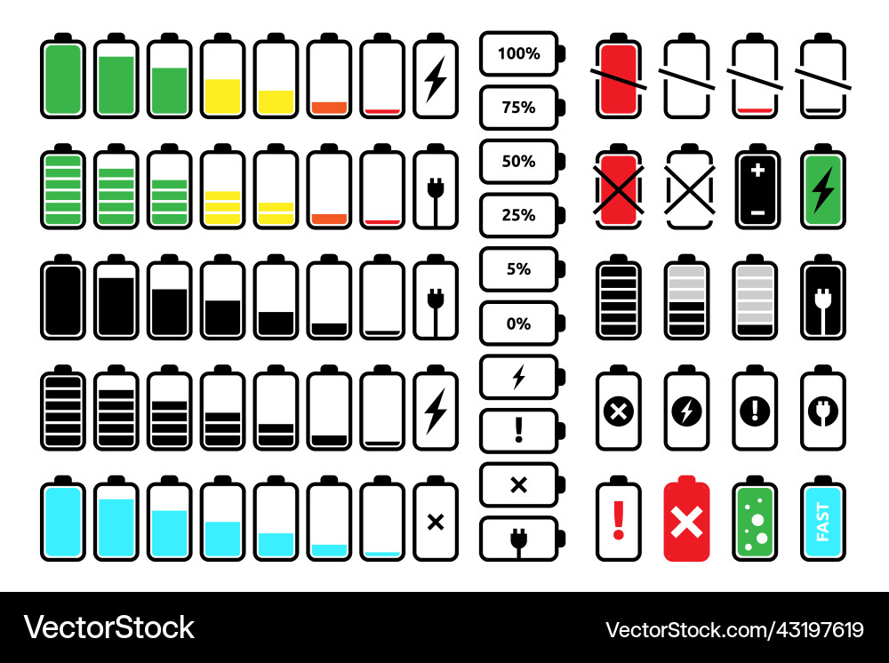 Battery charge low and full percentage Royalty Free Vector