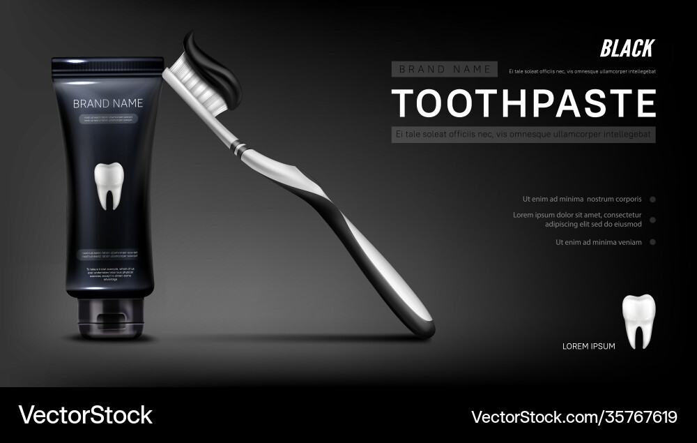 Black toothpaste ads banner with brush and tooth Vector Image