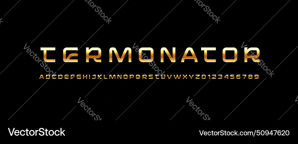 Golden future font alphabet letters and numerals Vector Image