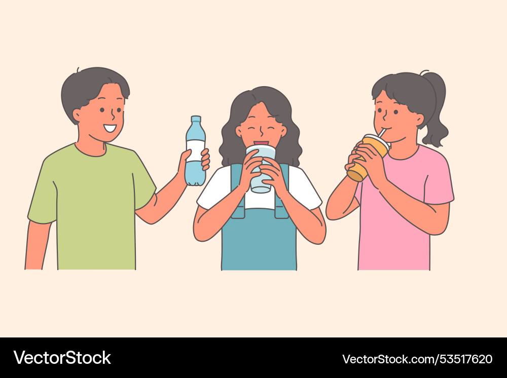 Small children drink water and lemonade to refresh