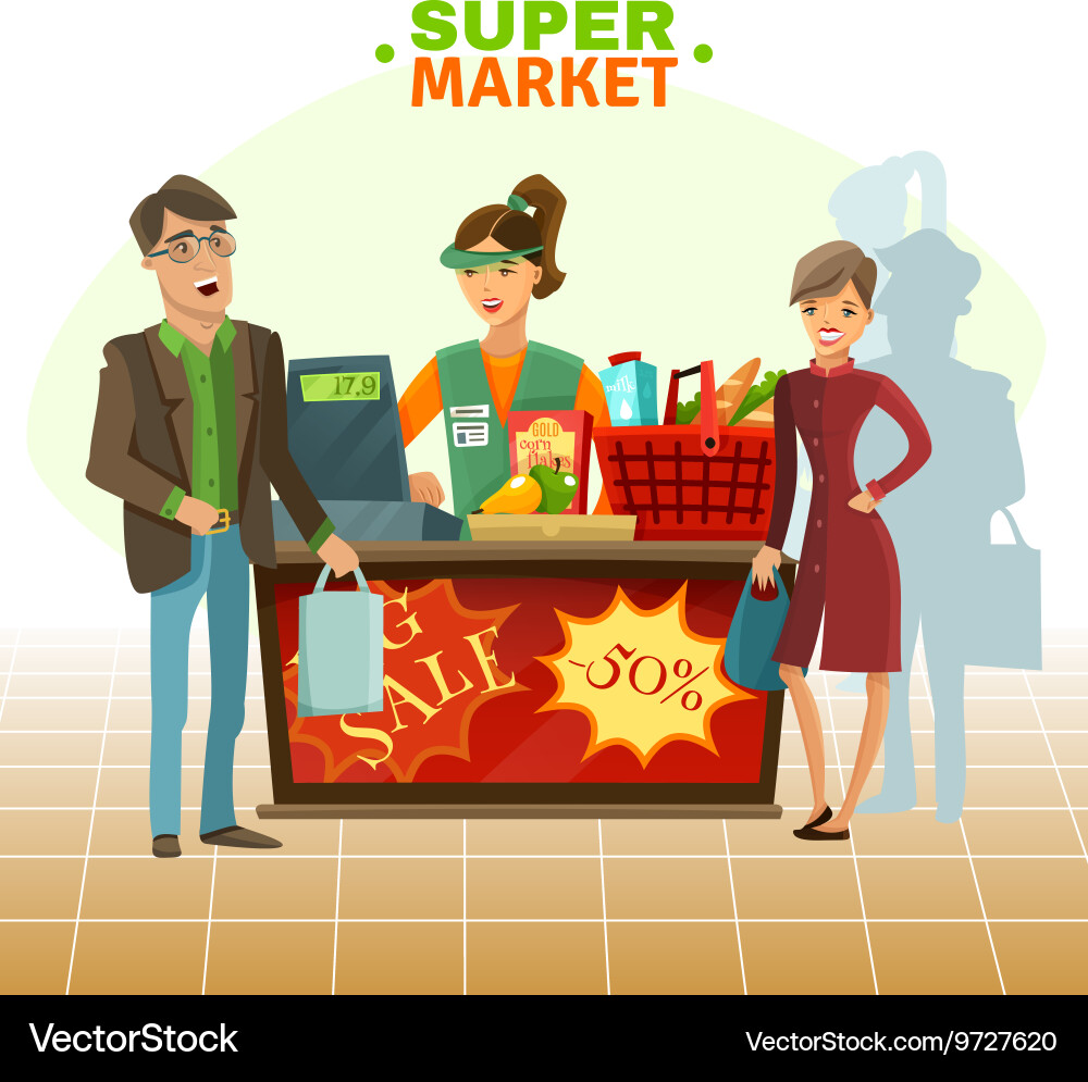 Supermarket cashier cartoon Royalty Free Vector Image