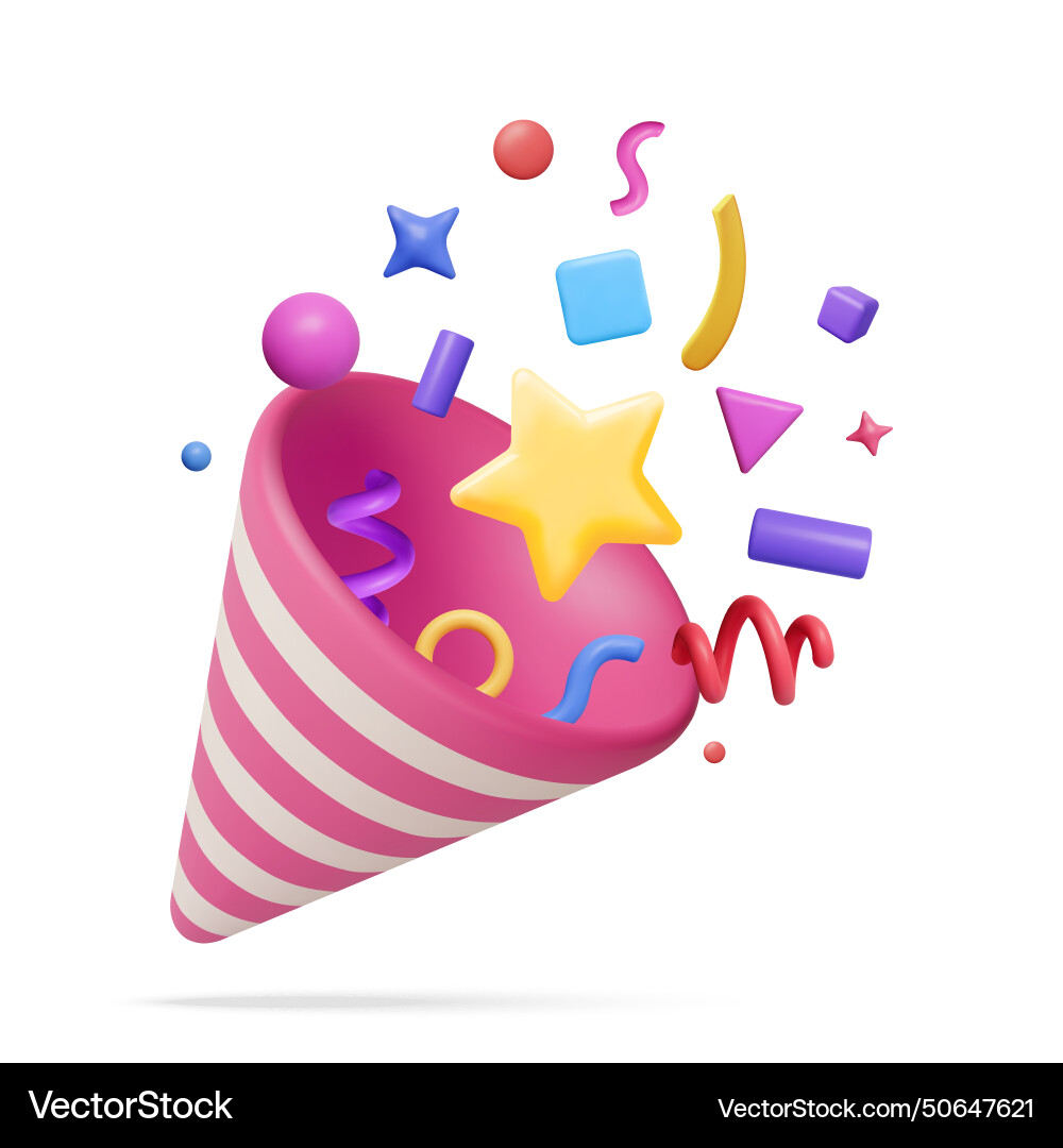 3d party popper with confetti Royalty Free Vector Image