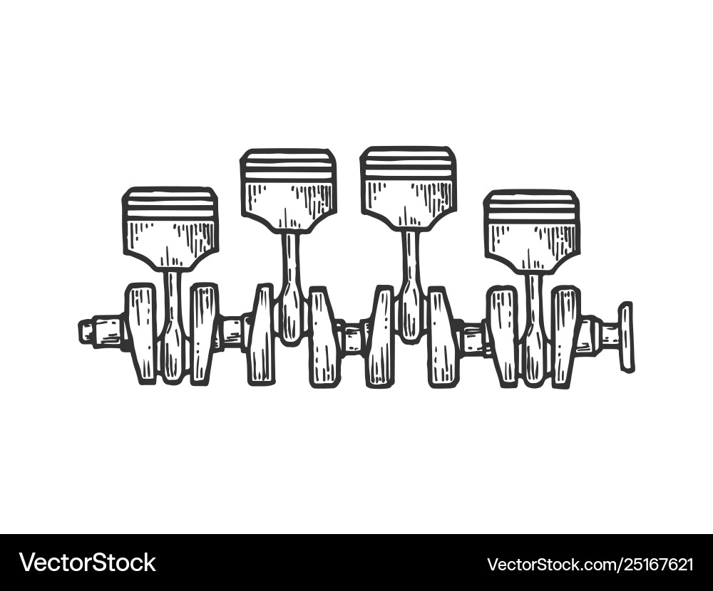 Engine pistons on crankshaft sketch engraving Vector Image