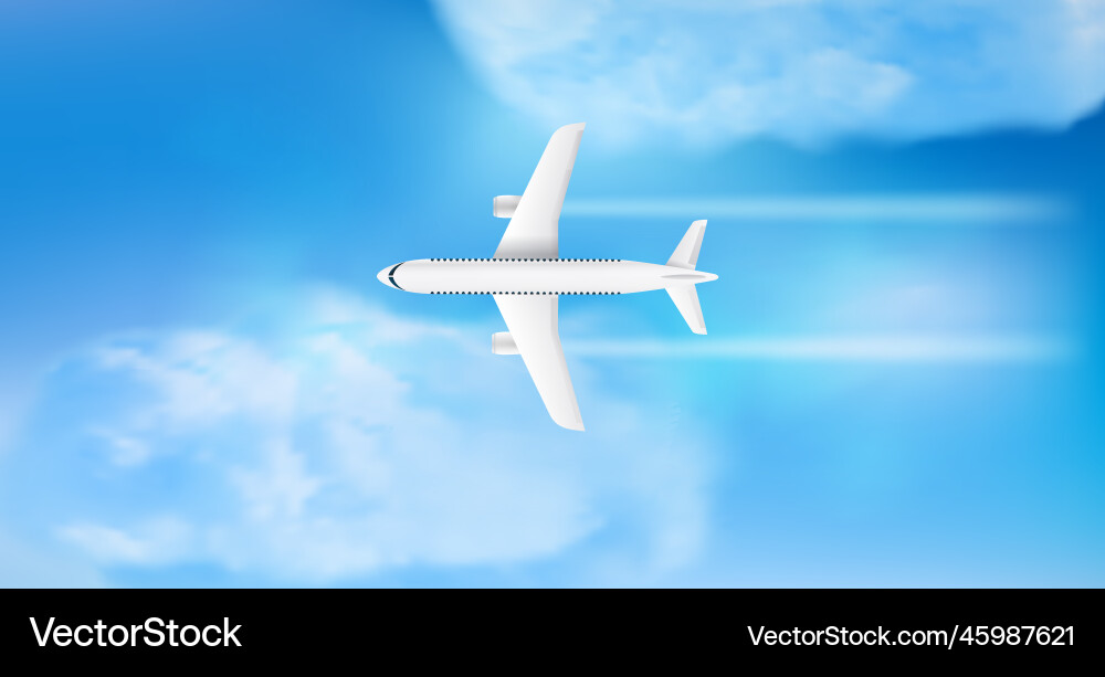 Flying modern airplane top view in cloudy Vector Image
