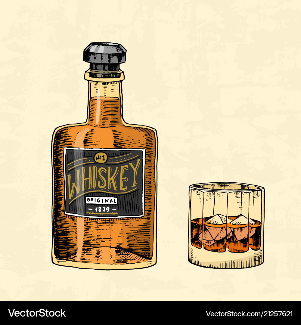 Vintage whiskey bottle with label and a glass Vector Image