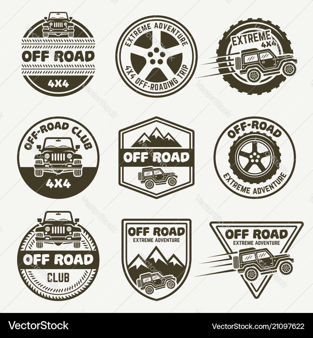 Off-road suv car set of monochrome emblems Vector Image
