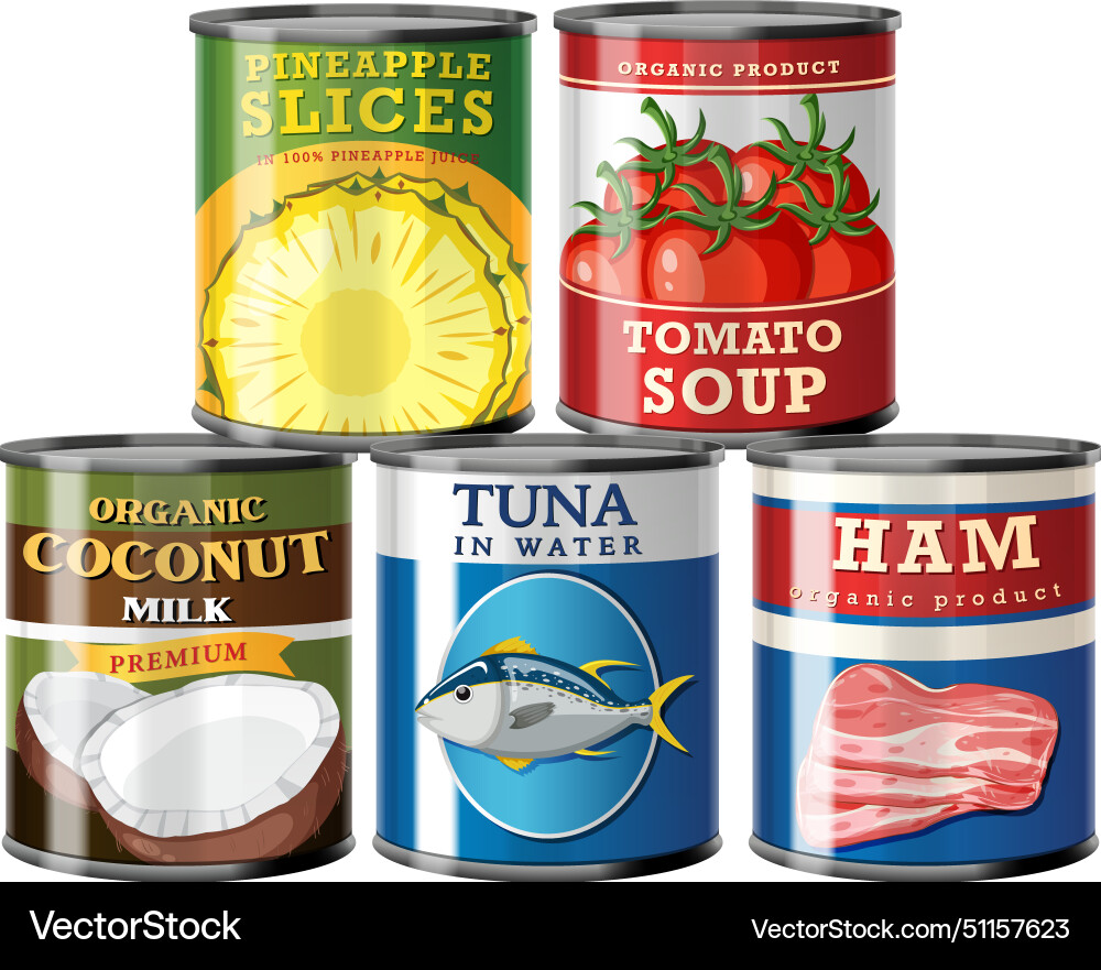 Colorful of various canned goods Royalty Free Vector Image
