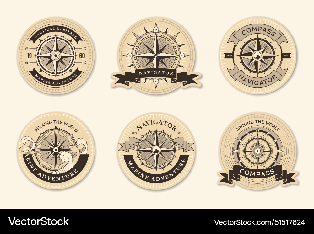Compass badges marine nautical labels set Vector Image