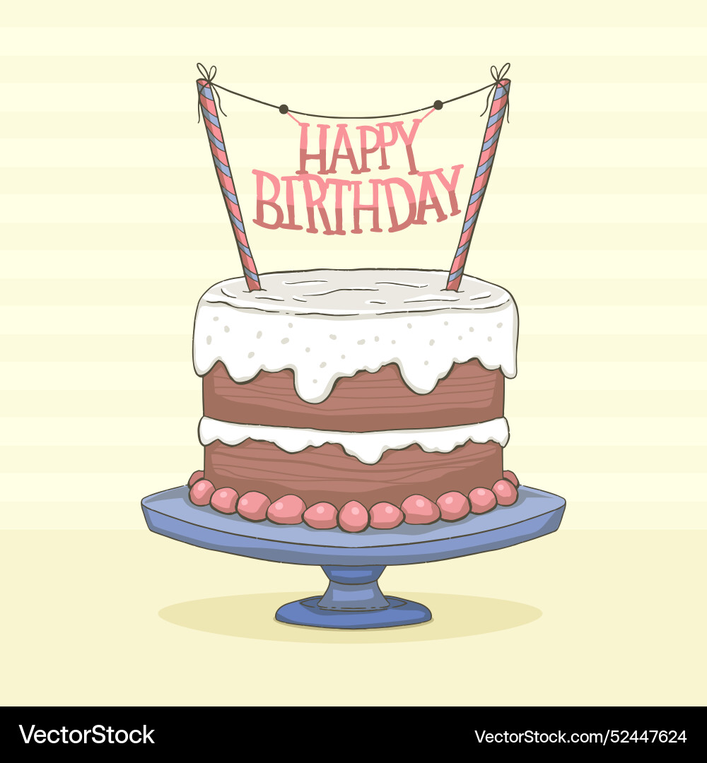 Hand drawn birthday cake with topper Royalty Free Vector
