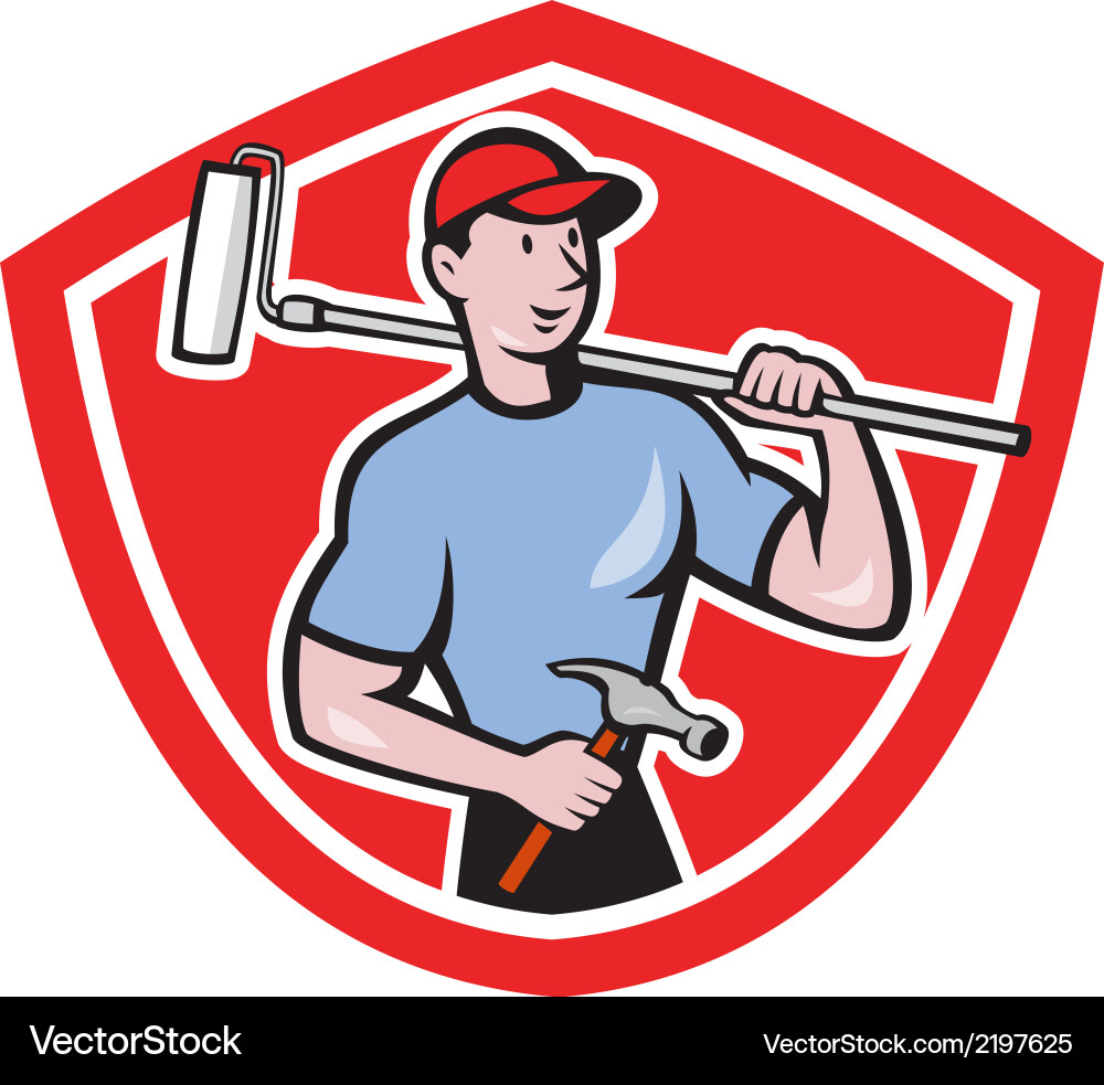 House painter paint roller shield cartoon Vector Image
