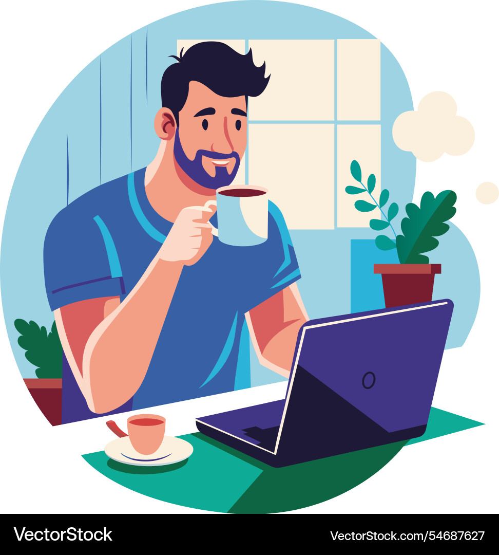 A man taking coffee break during work flat illust Vector Image