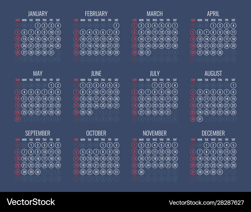 Calendar for 2020 starts sunday Royalty Free Vector Image