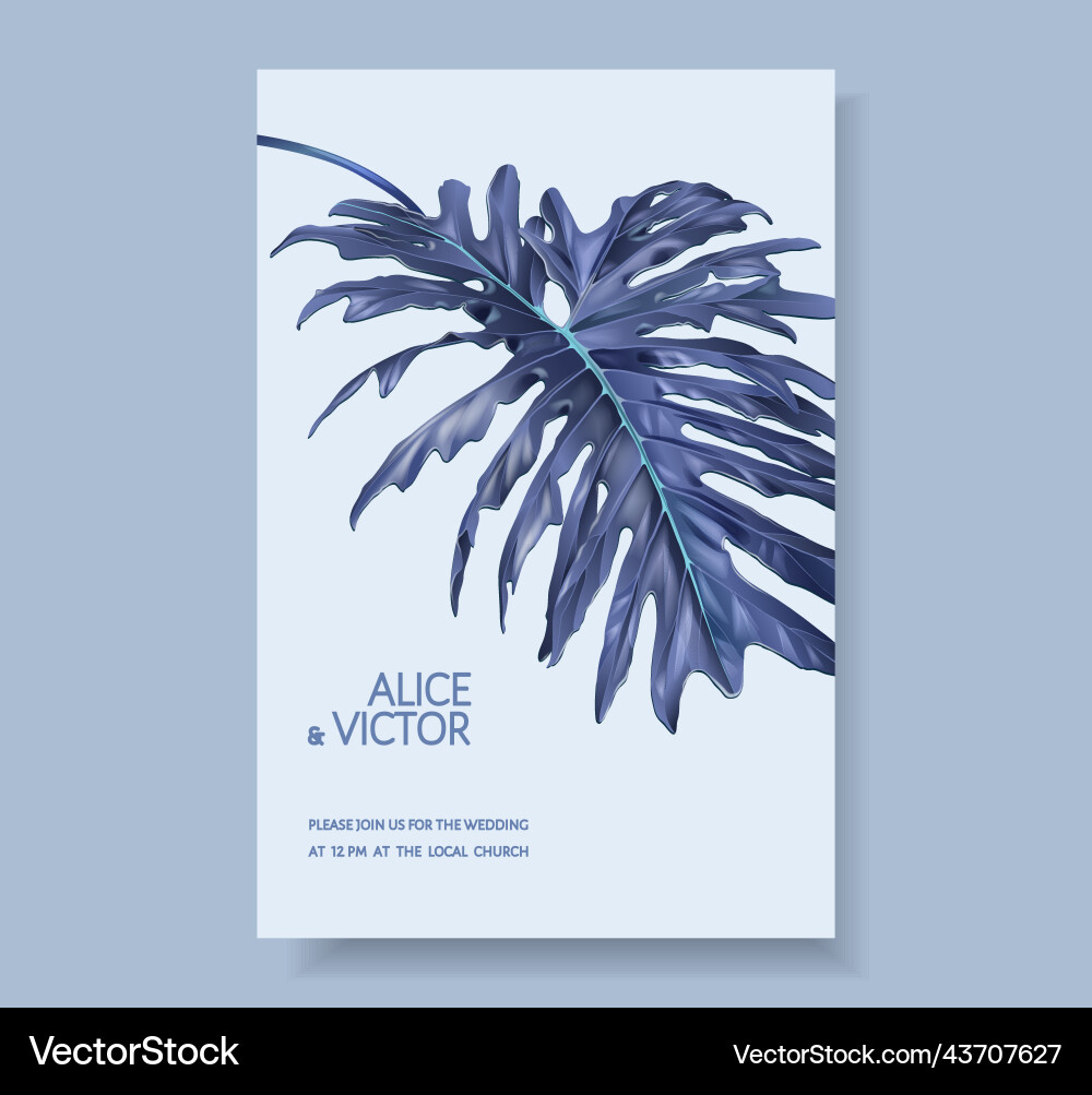 Invitation card with blue tropical leaf Royalty Free Vector