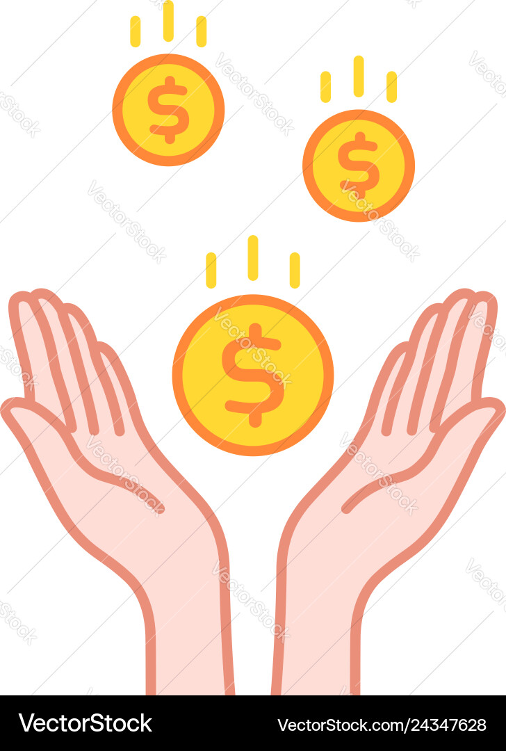 Cartoon contour hands and falling coins Royalty Free Vector