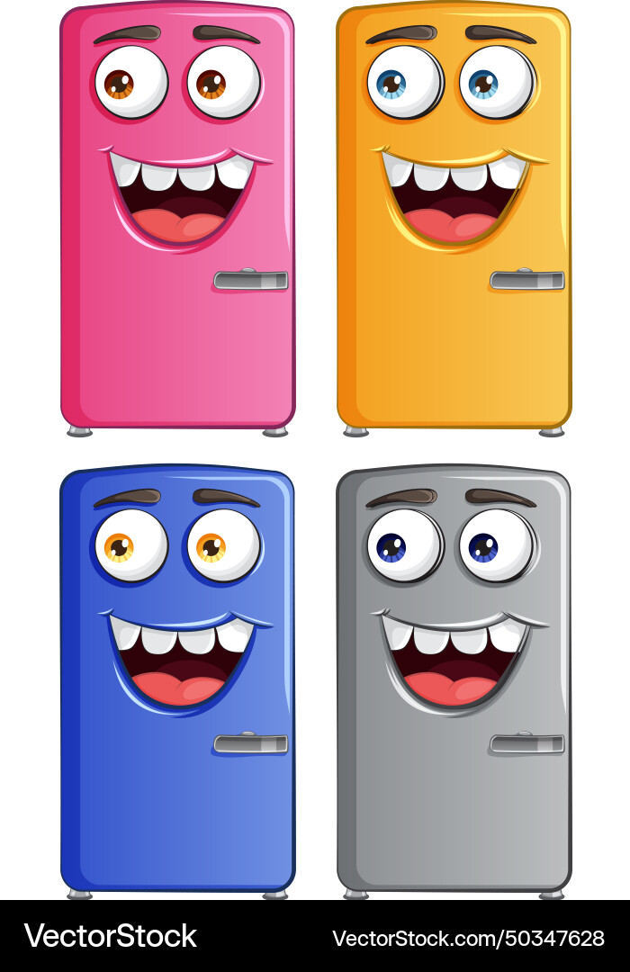 Four cheerful refrigerators with vibrant Vector Image