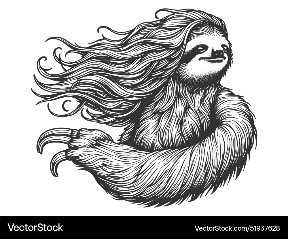 Whimsical sloth with flowing hair engraving Vector Image