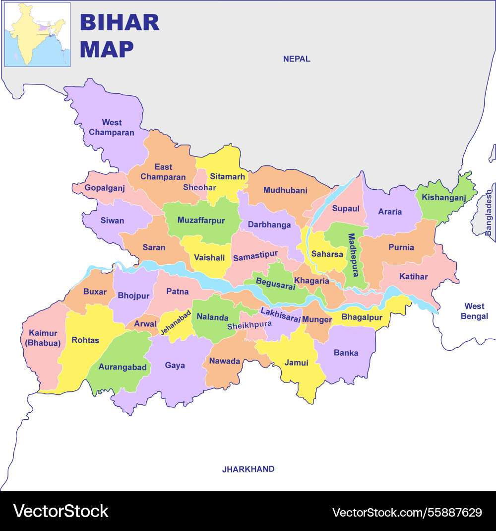 Bihar map with white background Royalty Free Vector Image