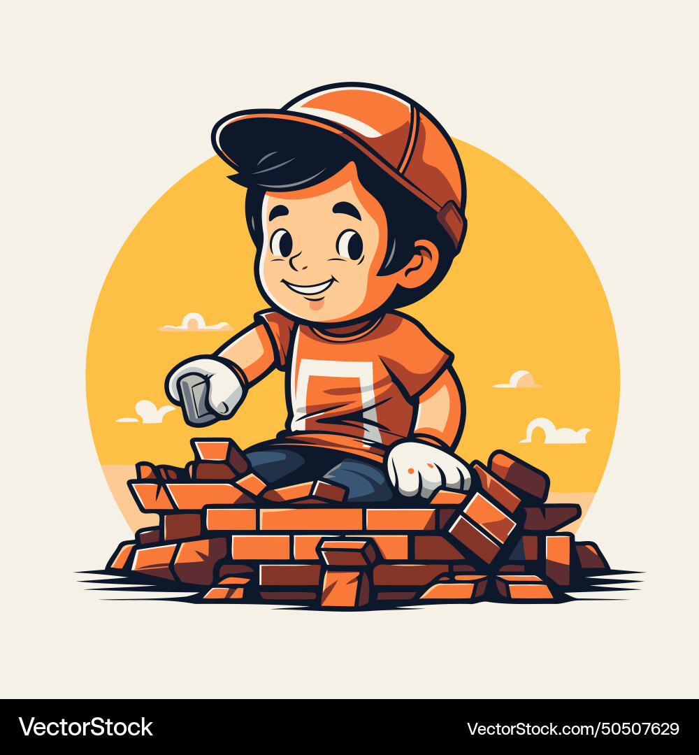 Cartoon boy bricklayer worker building brick wall Vector Image