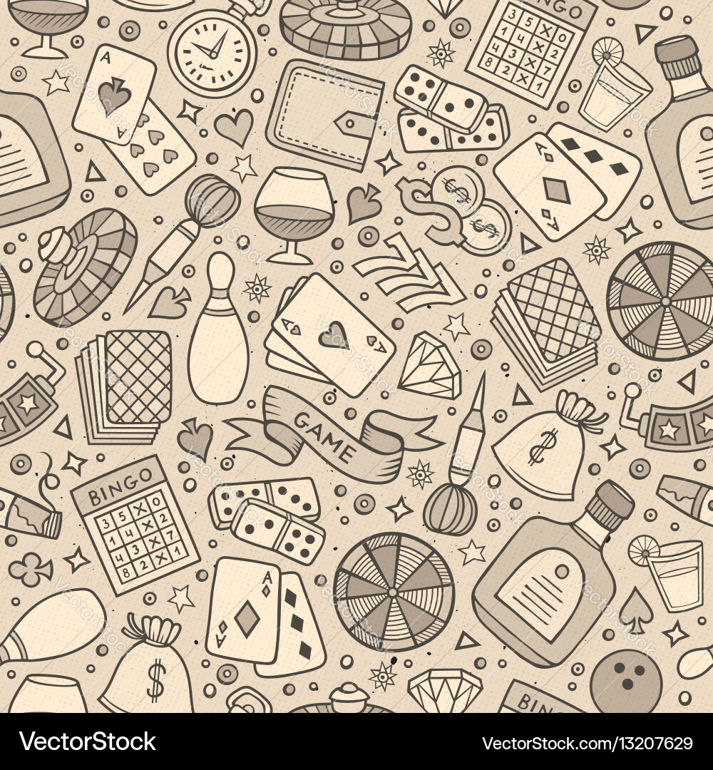 Cartoon hand-drawn casino games seamless pattern Vector Image