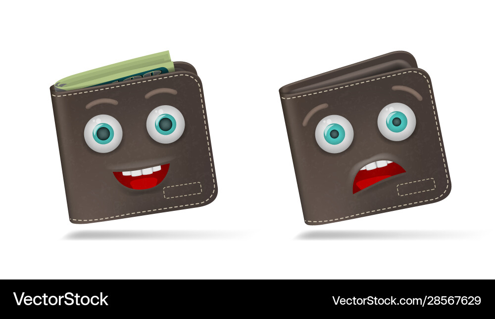 Full and empty funny cartoon wallet on white Vector Image
