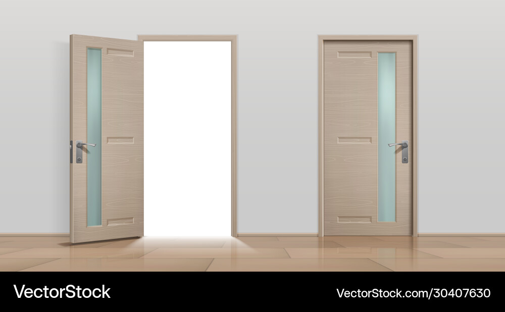 Open and closed doors realistic 3d white Vector Image