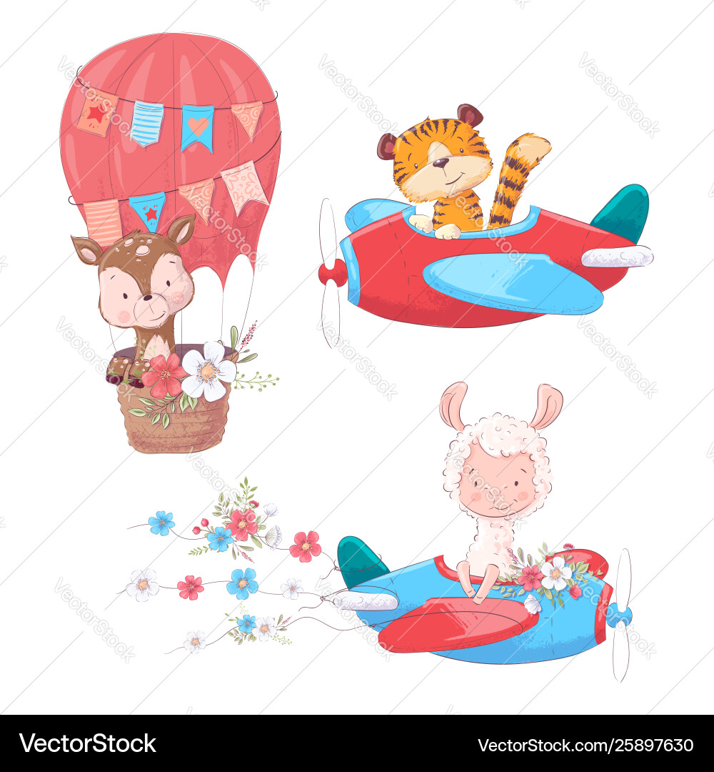 Set cartoon cute animals tiger deer and llama Vector Image