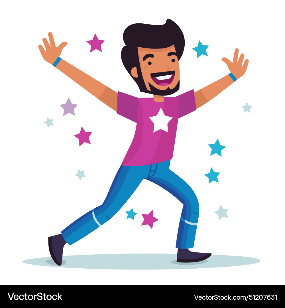Happy cartoon man dancing joyfully surrounded Vector Image