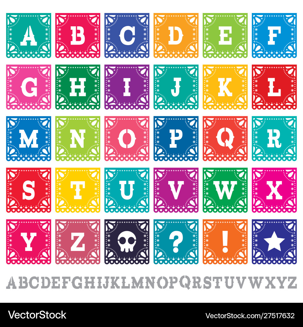 Papel Picado Alphabet Buchstaben Vorlage Set Vektorbild