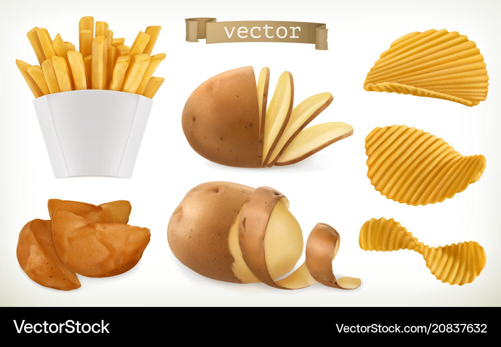 Potato wedges and fry chips vegetable 3d icon set Vector Image