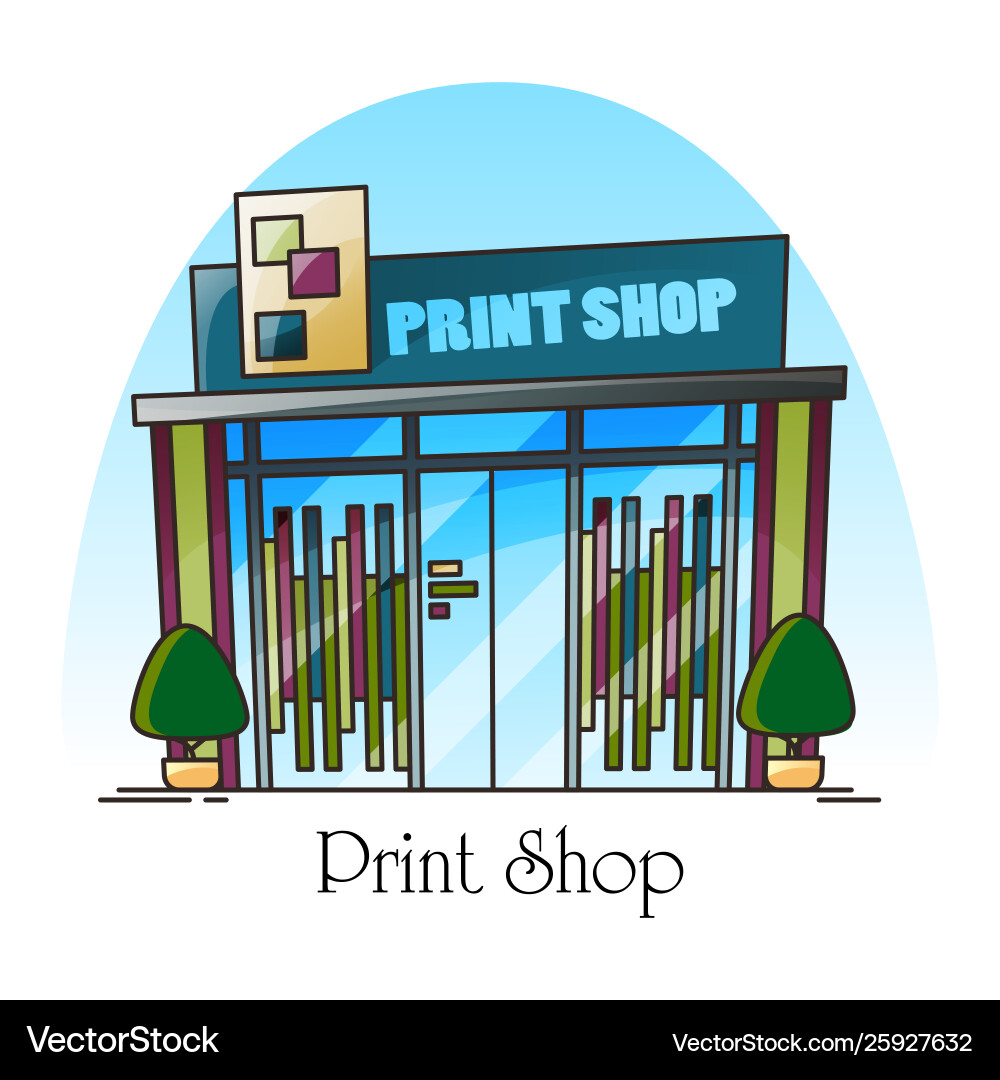 Print shop building facade in thin line exterior Vector Image