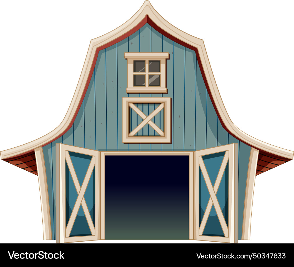 Cartoon-style blue barn with white trim details Vector Image