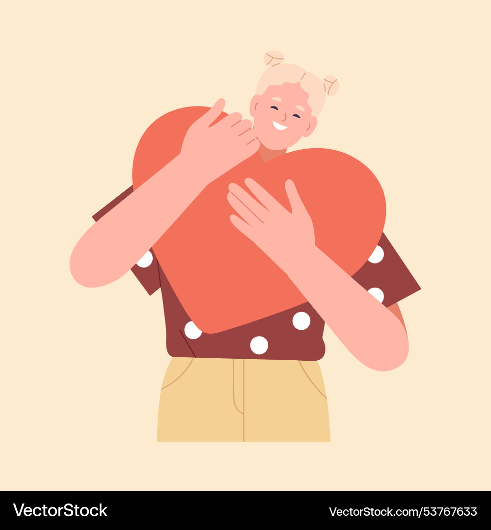 Child hugging a giant heart happily Royalty Free Vector
