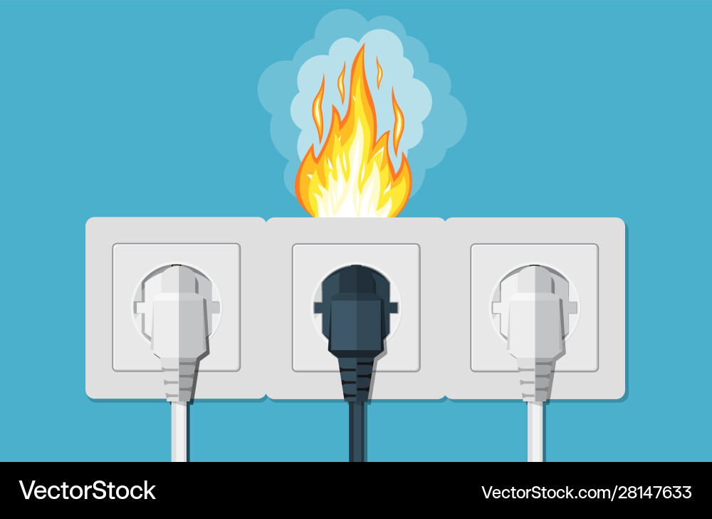Socket and plug on fire from overload Royalty Free Vector