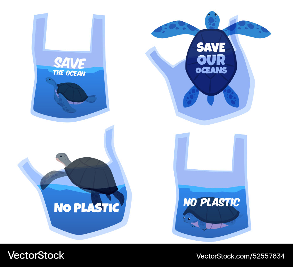 Anti-plastic campaign turtle icons set Royalty Free Vector