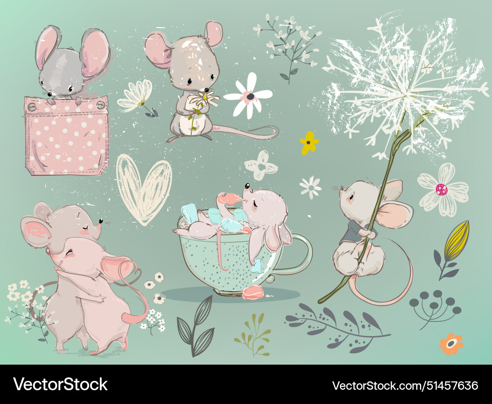 Cute lovely mice characters stickers collection Vector Image