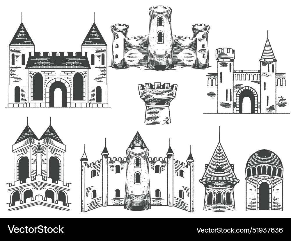 Hand drawn medieval castles drawing ancient Vector Image