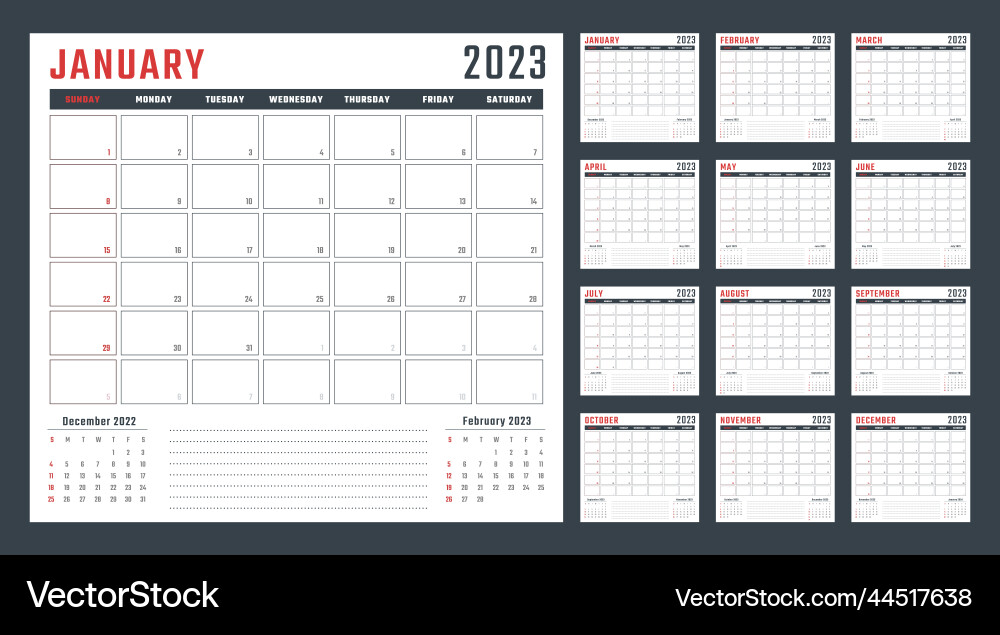 Calendar for 2023 starts sunday Royalty Free Vector Image