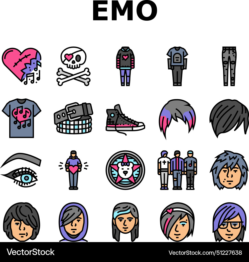 Emo punk rock tattoo cute icons set Royalty Free Vector