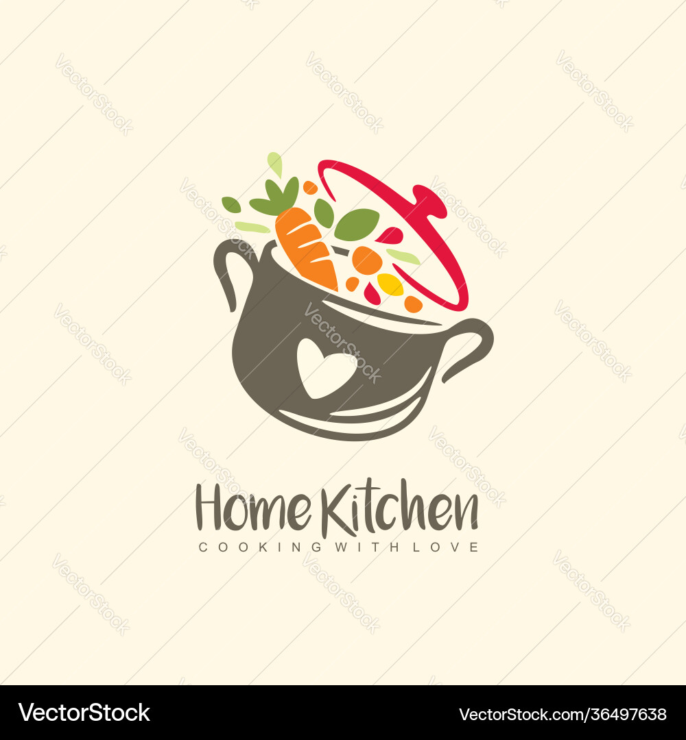 Home kitchen logo with pot full vegetables Vector Image
