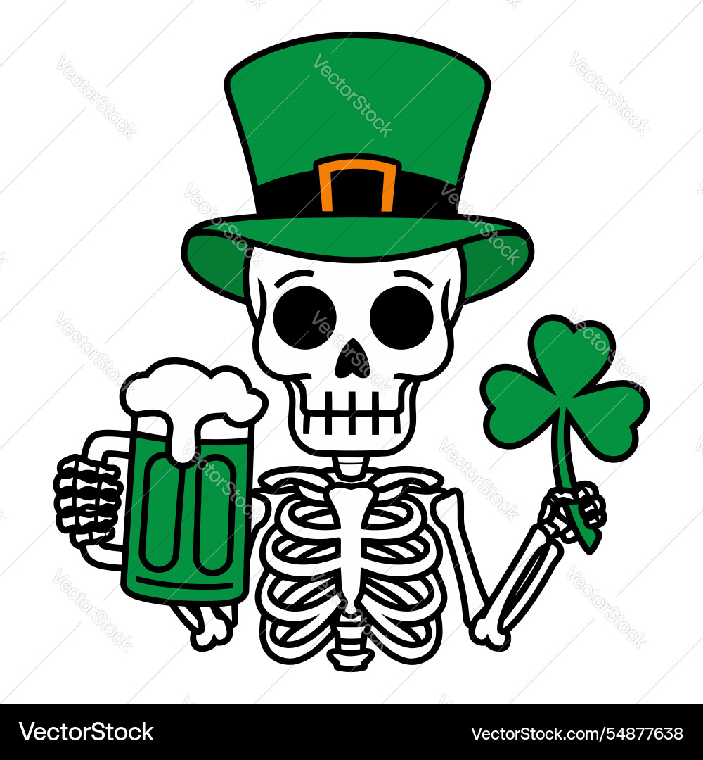 Skeleton with beer and shamrock for st patrick Vector Image