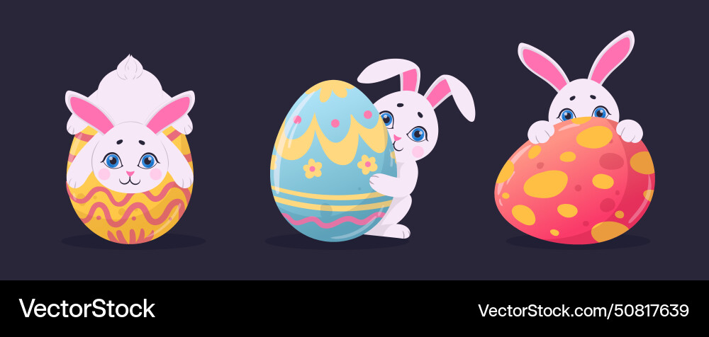 Easter bunnies with colored eggs cartoon Vector Image