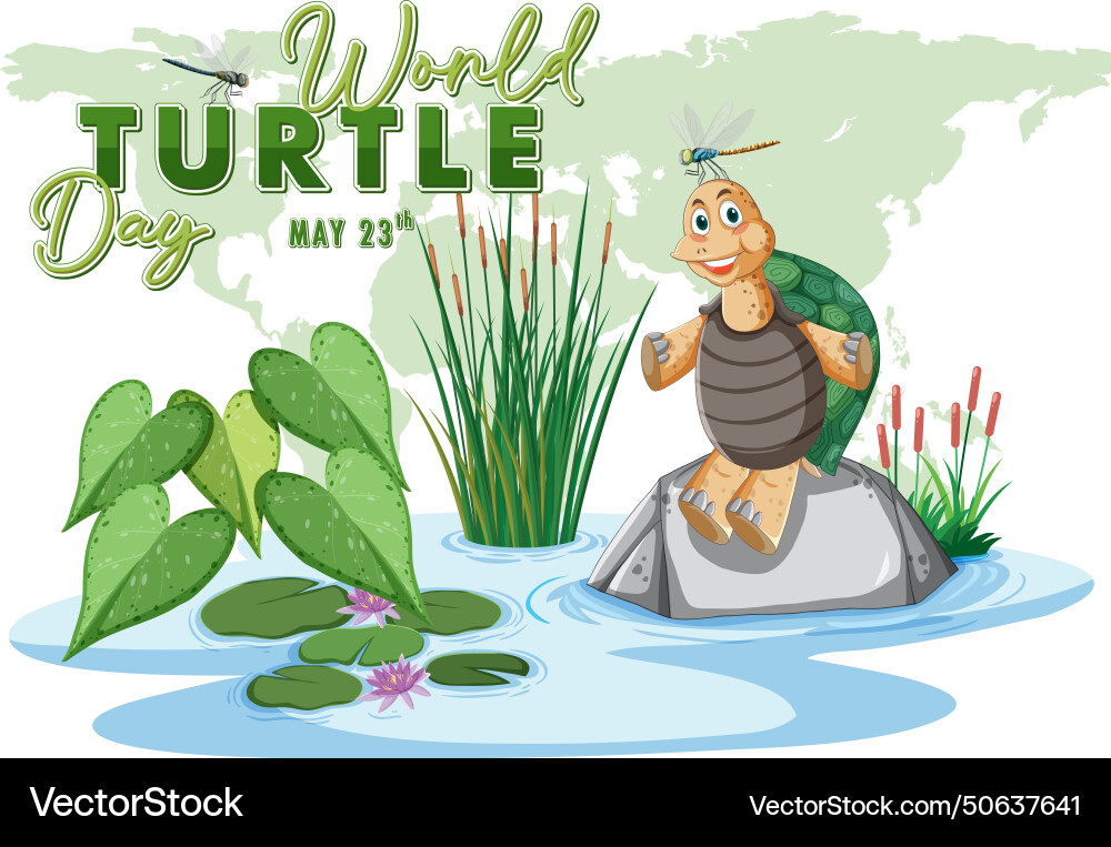 Cheerful turtle on a rock celebrating world Vector Image